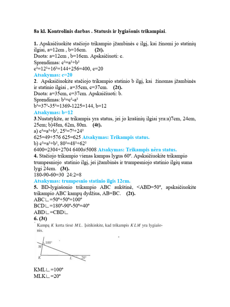 8a KL Kontrolinis Darbas Is Stataus Ir Lygiasonio Trikampiu Papildytas | PDF