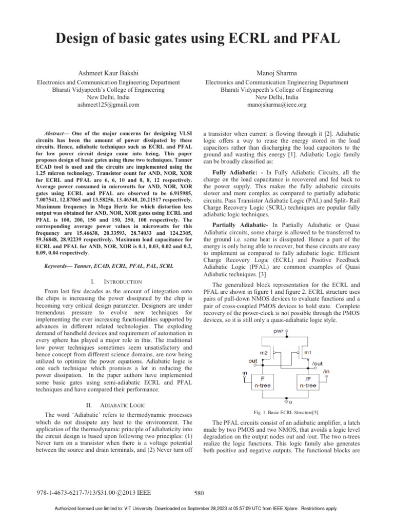 Design of Basic Gates Using ECRL and PFAL | PDF