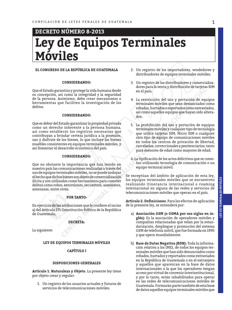 Ley de Equipos Terminales Móviles: Decreto Número 8-2013 | PDF