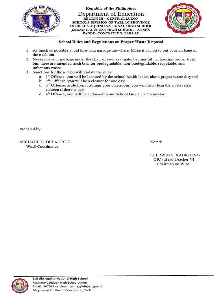 School Waste Disposal Regulations | PDF