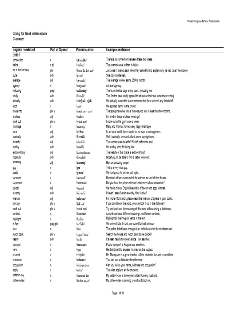 Glossary for Going for Gold Intermediate | PDF | Language Arts ...