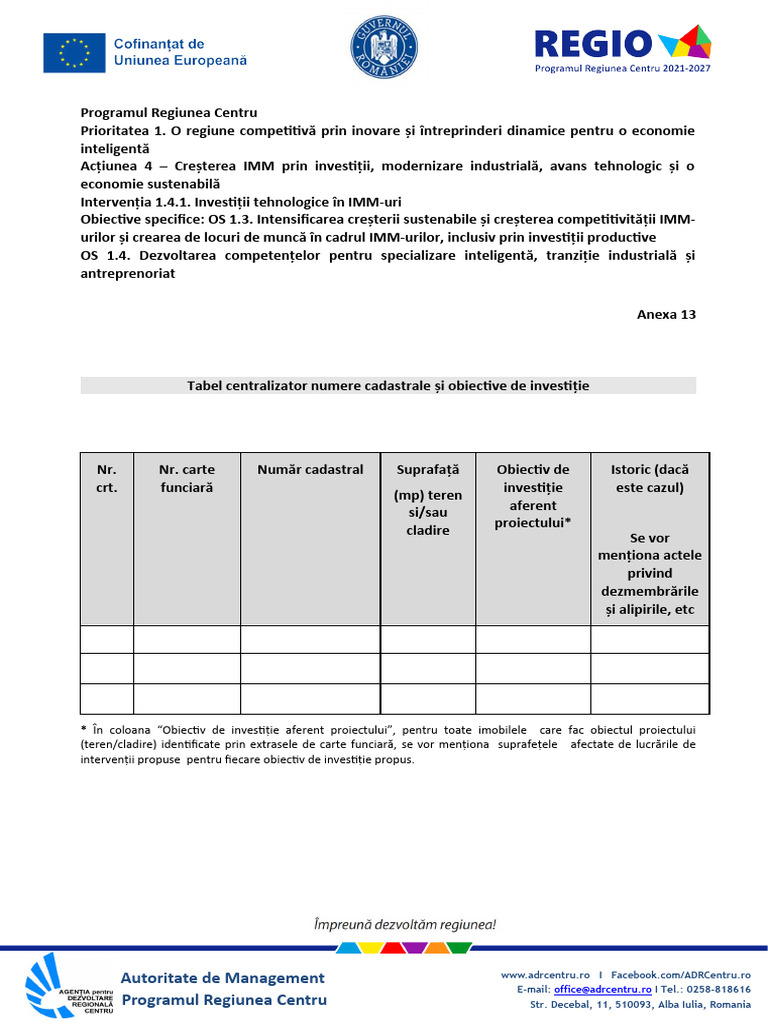 Anexa 13 - Tabel Centralizator Numere Cadastrale | PDF