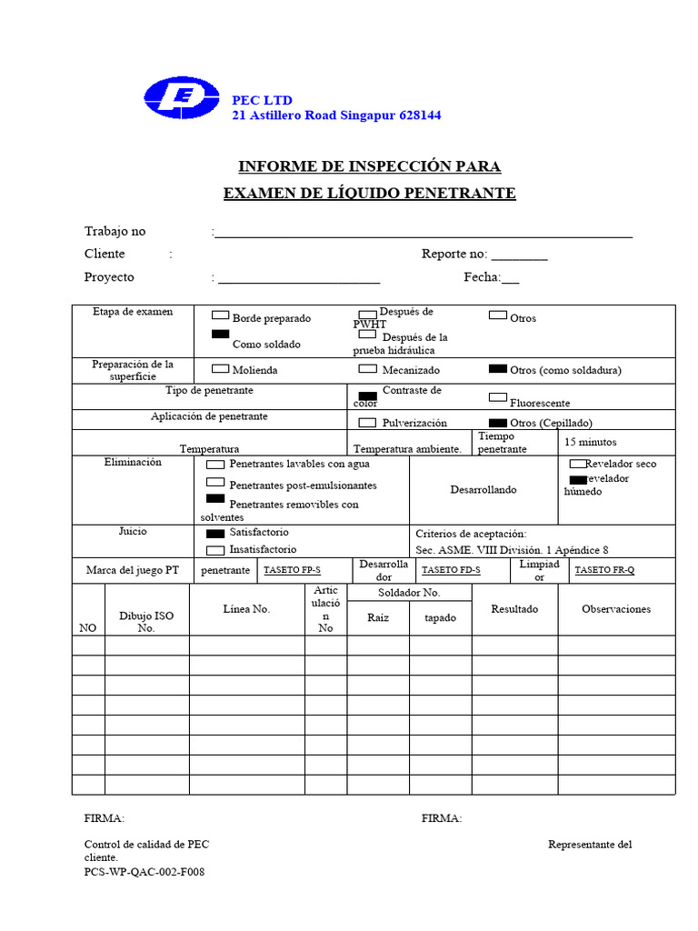 Formulario de Informe de Prueba de Tinte Penetrante-1 | PDF | Sector secundario de la economía ...