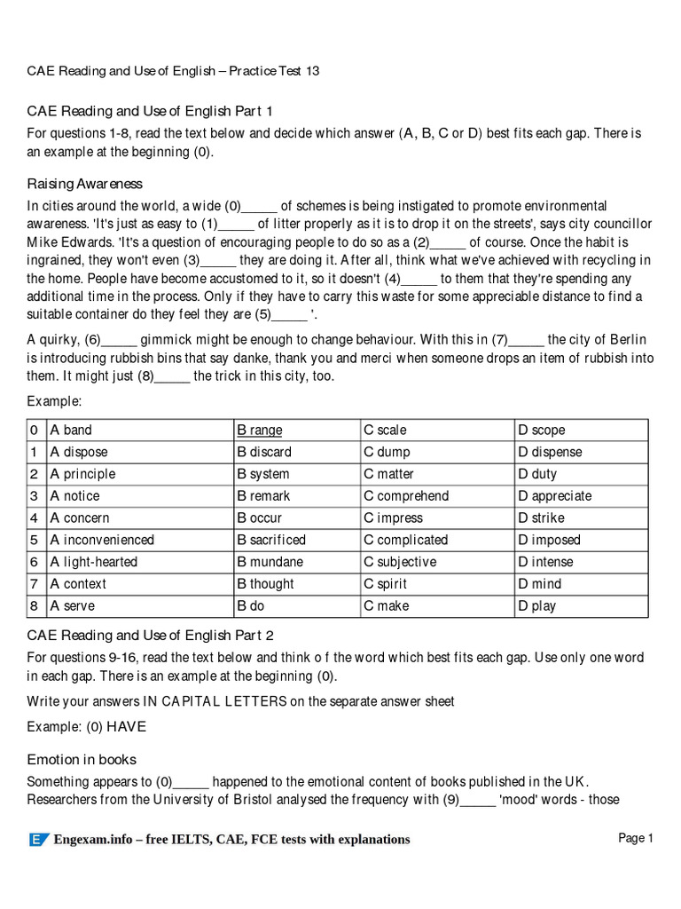 CAE Reading and Use of English Practice Test 13 Printable | PDF ...