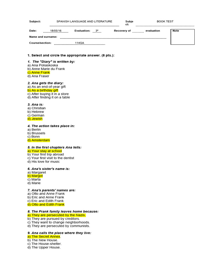 Anne Frank Exam With Solutions | PDF | Anne Frank