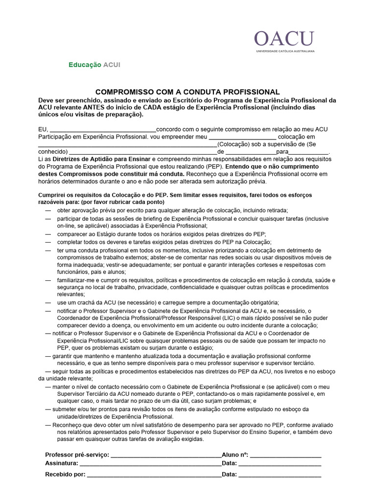 Formulário de Compromisso Com A Conduta Profissional | PDF