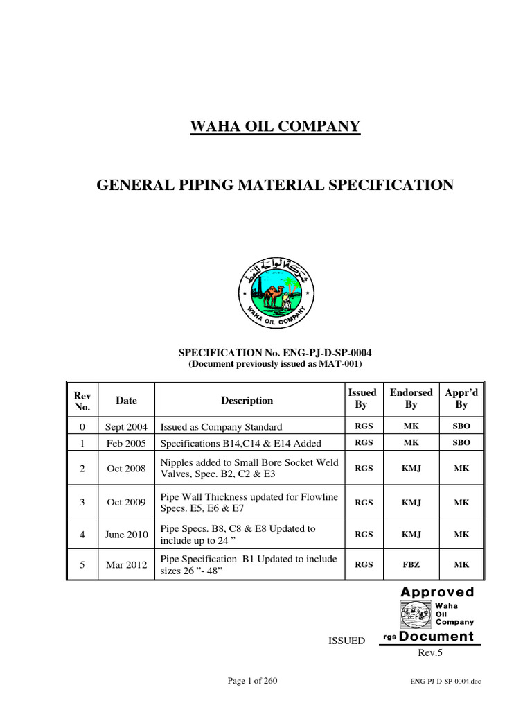 ENG PJ D SP 0004 Spec Waha Piping | PDF