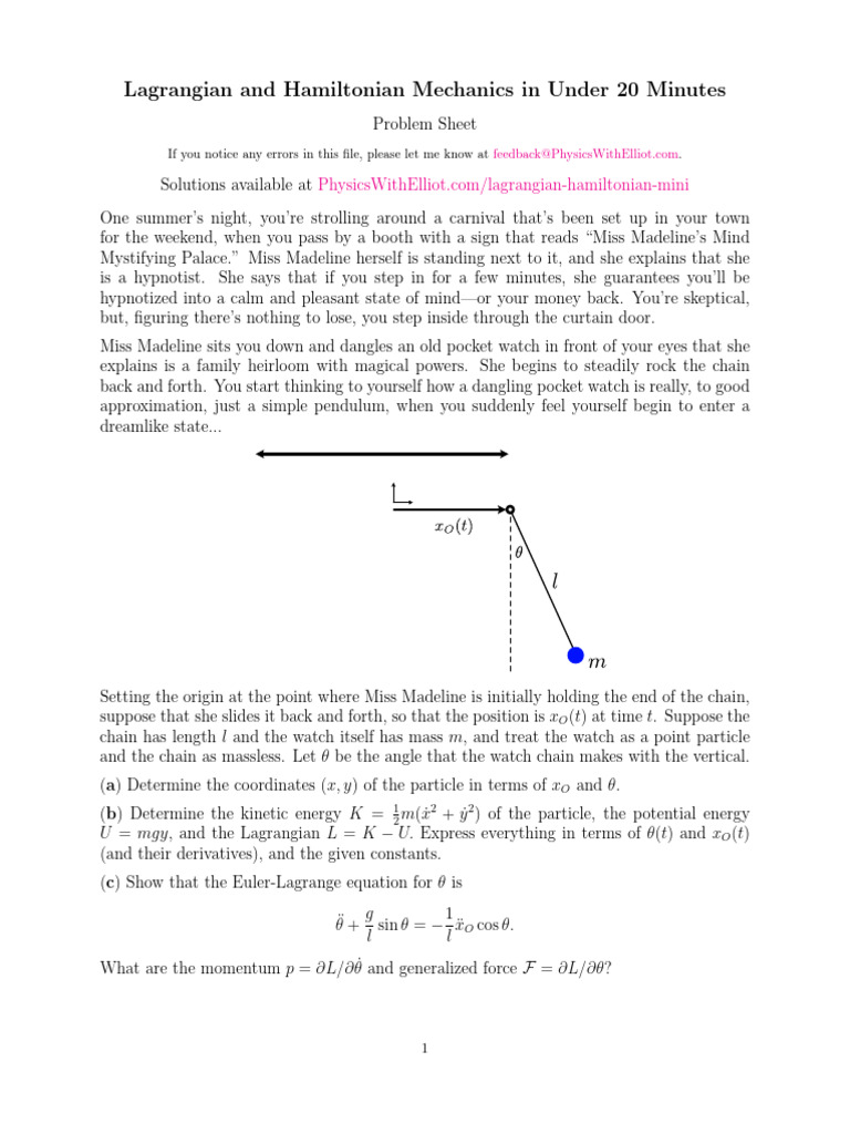 Lagrange Hamiltonian Problem Sheet | PDF | Hamiltonian Mechanics | Lagrangian Mechanics