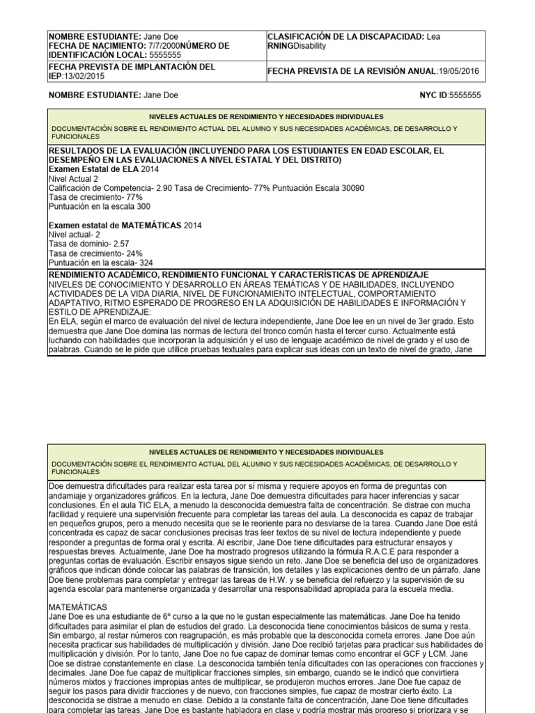 Ejemplo de IEP de Jane Doe | PDF | Evaluación | Educación especial