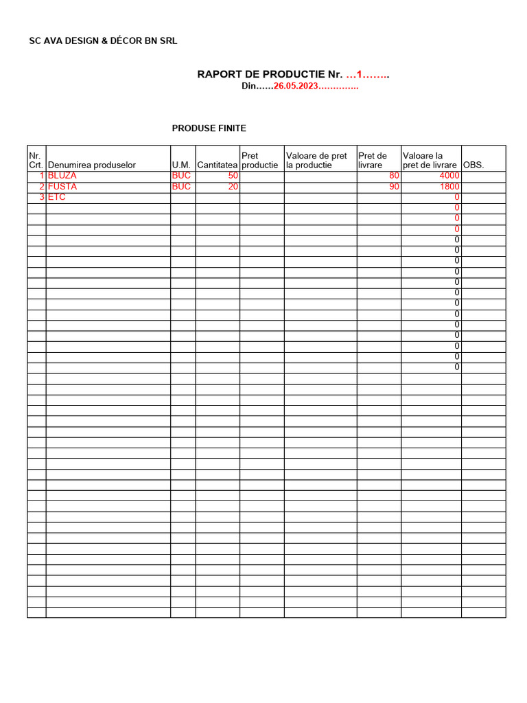 Raport de Productie (1) MODEL-1 | PDF