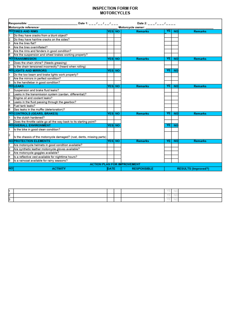 Motorcycle Inspection Format | PDF | Motorcycle | Vehicles