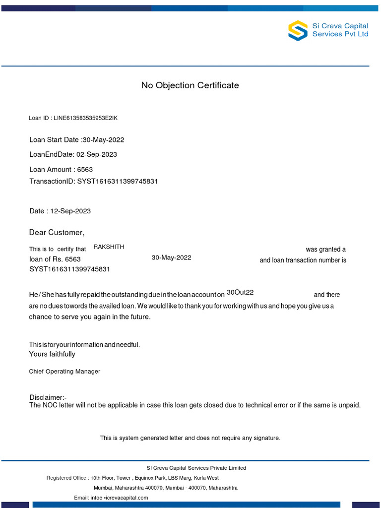 Si Creva Capital Loan NOC Certificate | PDF | Finance & Money Management