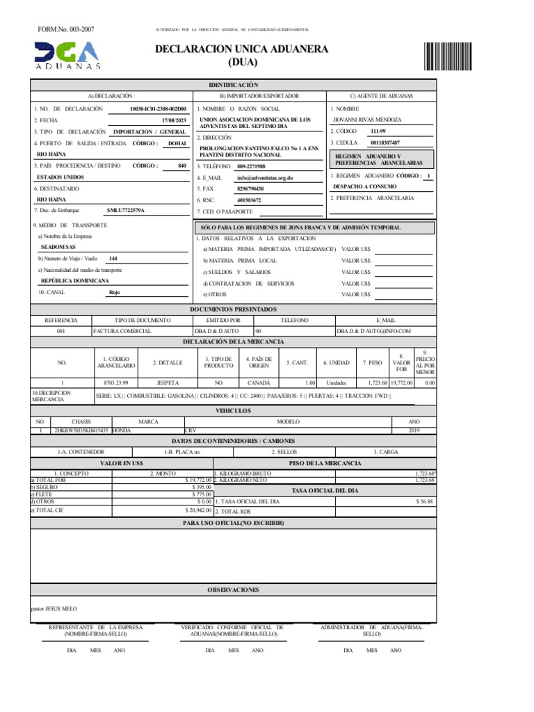 Declaracion Unica Aduanera (DUA) : FORM - No. 003-2007 | PDF