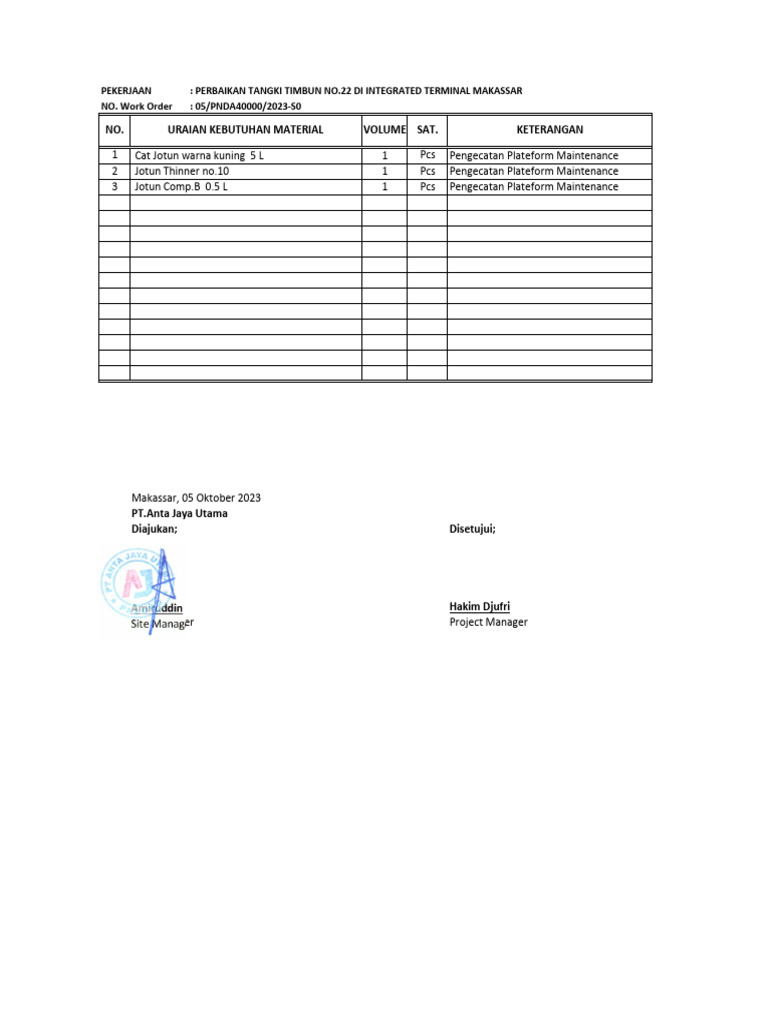 Format Permintaan Material Tangki Makassar | PDF | Teknologi & Rekayasa