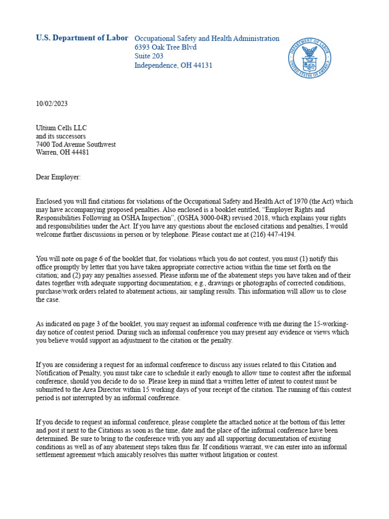 Ultium Cells LLC Citations From U.S. Dept. of Labor | PDF