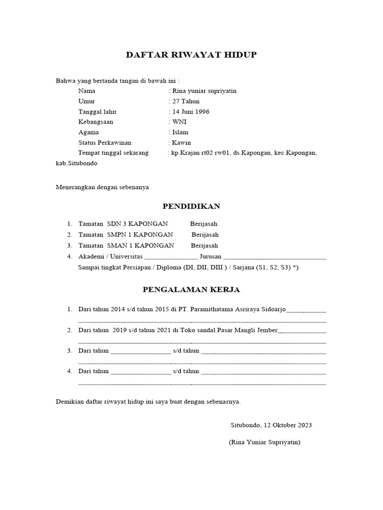CV Rina Yuniar: Pengalaman & Pendidikan | PDF | Agama & Spiritualitas