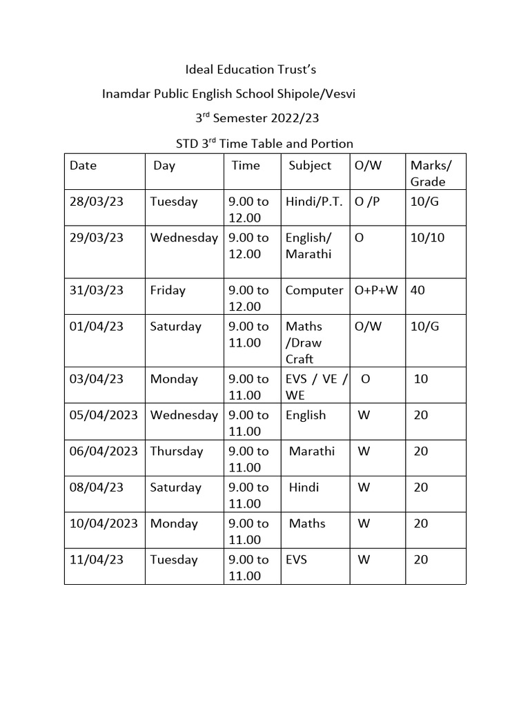 3nd STD Sem 2 Time Table | PDF