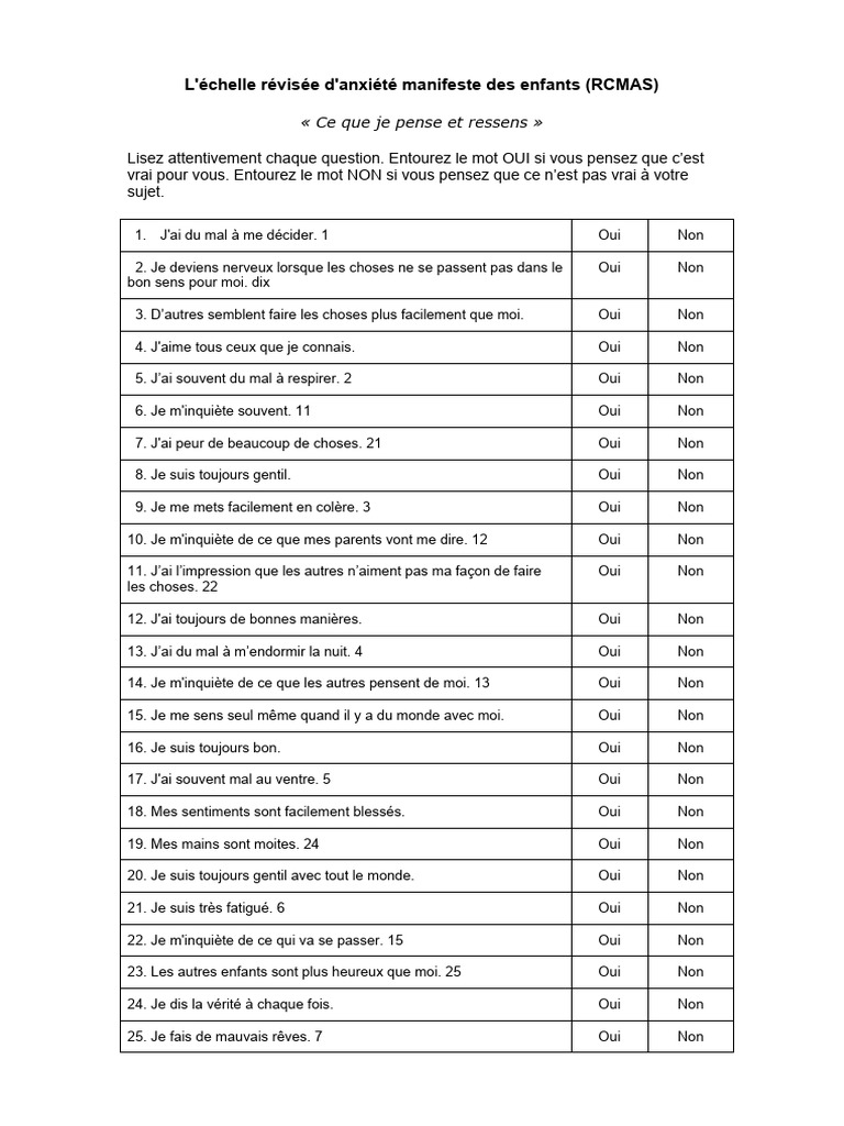 Échelle Révisée Danxiété | PDF | Anxiété | Psychologie