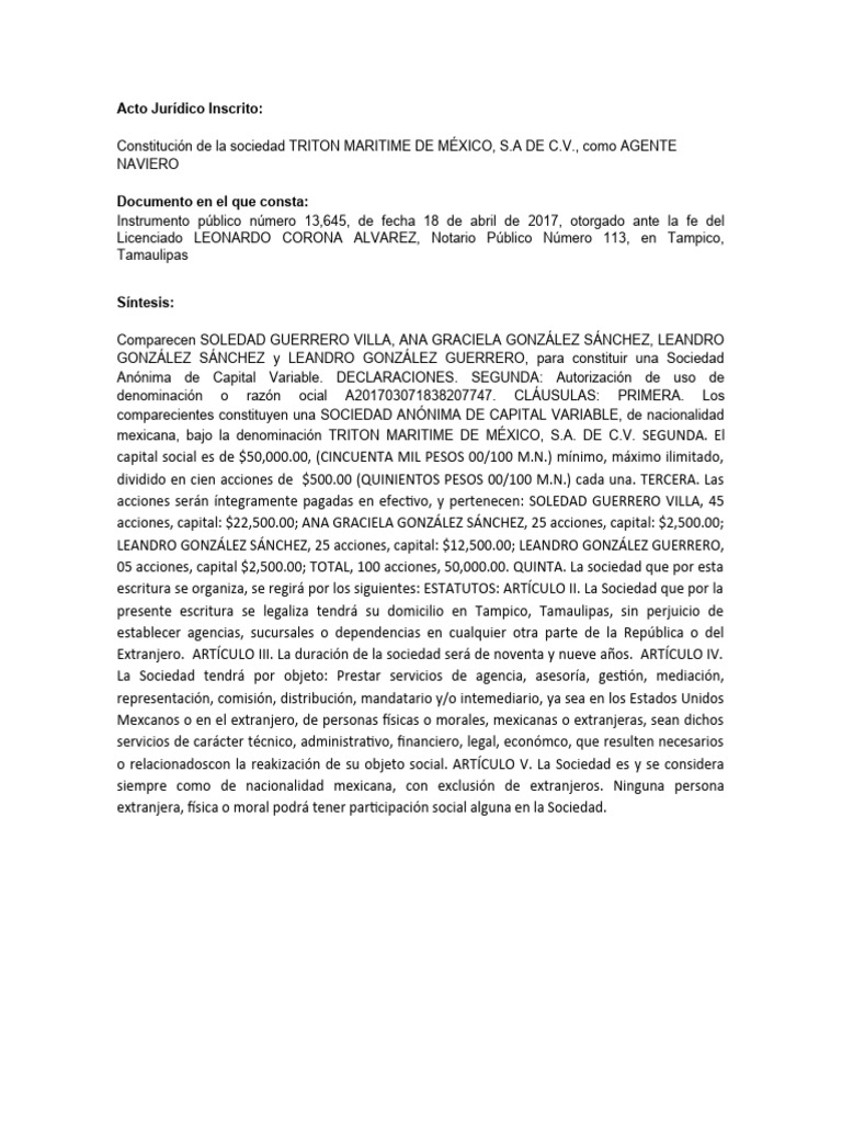 Inscripción de Triton Maritime de México, S.A. de C.V. Agente Naviero | PDF