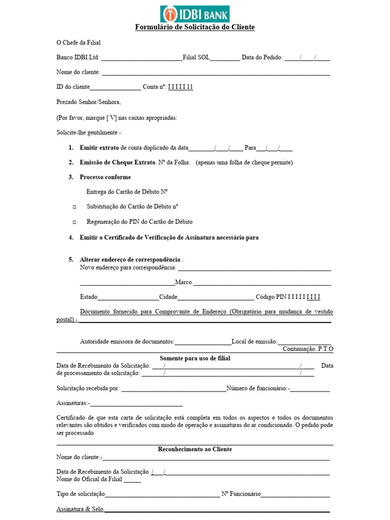 Formulário de Solicitação de Serviços Bancários | PDF | Cheque (banco)