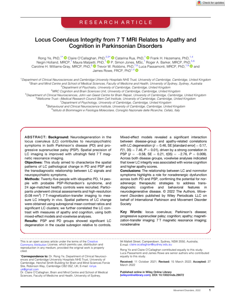 Movement Disorders 2022 Ye Locus Coeruleus Integrity From 7 T Mri Relates To Apathy And