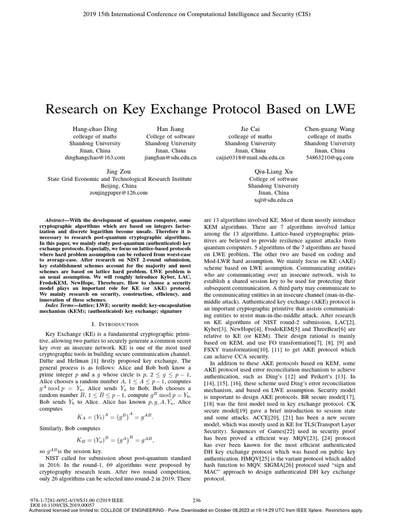 Research On Key Exchange Protocol Based On LWE | PDF