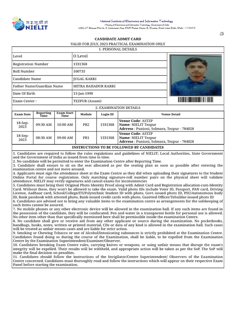 O Level: Candidate Admit Card | PDF | Government