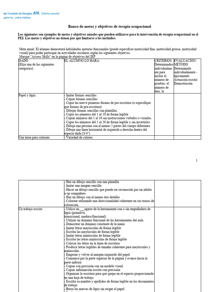 Metas de Terapia Ocupacional y Banco de Objetos | PDF