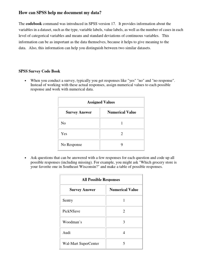 SPSS Survey Code Book | PDF | Spss | Statistics SPSS Survey Code Book | PDF | Spss | Statistics