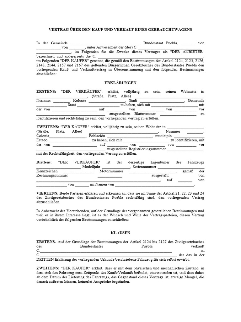 Kaufvertrag Zum Ausdrucken