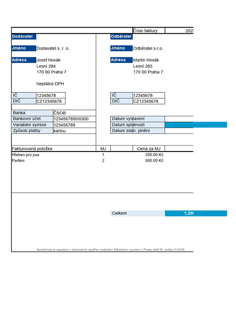 Neplatce DPH Faktura 2023 Vzor Od CSOB | PDF