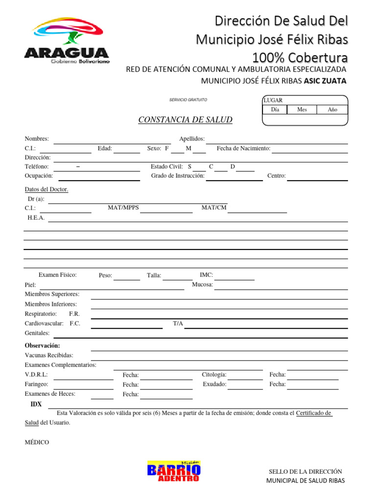 Modelo Constancia de Salud Municipio José Félix Ribas 100% Cobertura | PDF Modelo Constancia de Salud Municipio José Félix Ribas 100% Cobertura | PDF