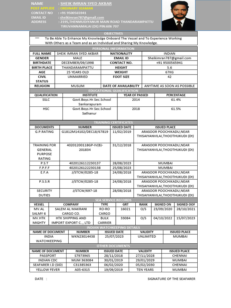 Sheik Imran Syed Akbar Details | PDF