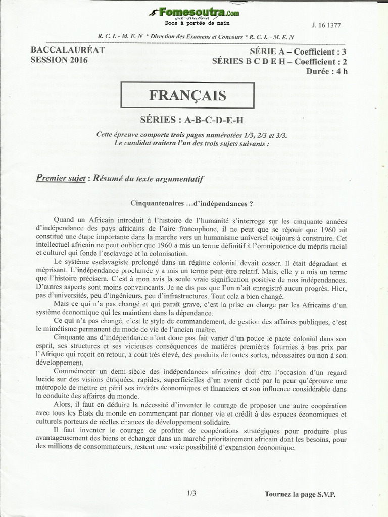 612b5b4362e03sujet Corrige Et Bareme de Francais Bac A B C D e | PDF