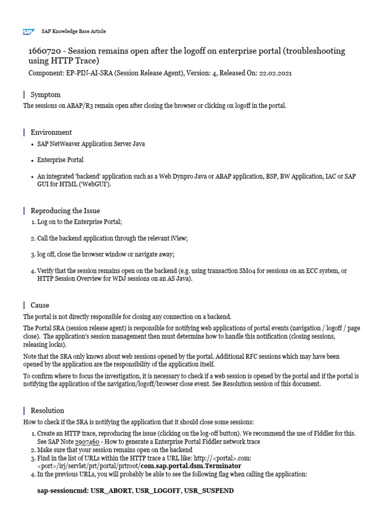 Session Remains Open After The Logoff On Enterprise Portal (Troubleshooting Using HTTP Trace) | PDF