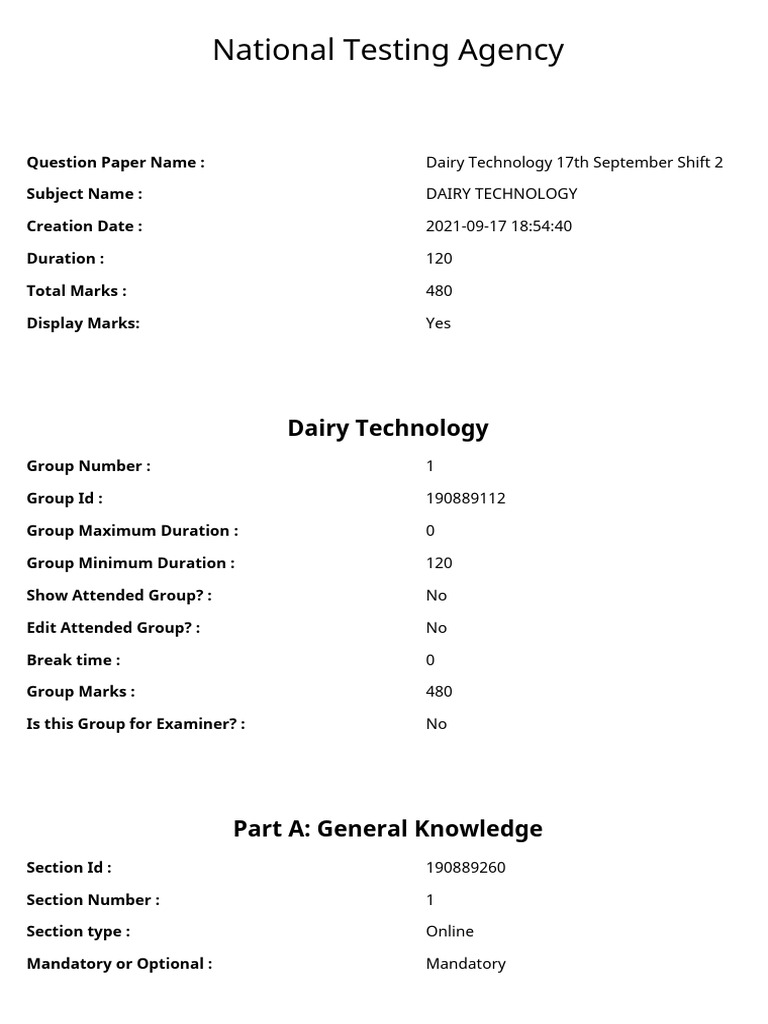 Icar JRF DAIRY TECHNOLOGY 2021 | PDF