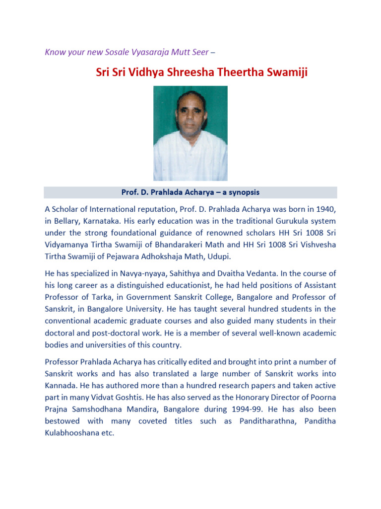 Know Your New Sosale Vyasaraja Mutt Seer | PDF