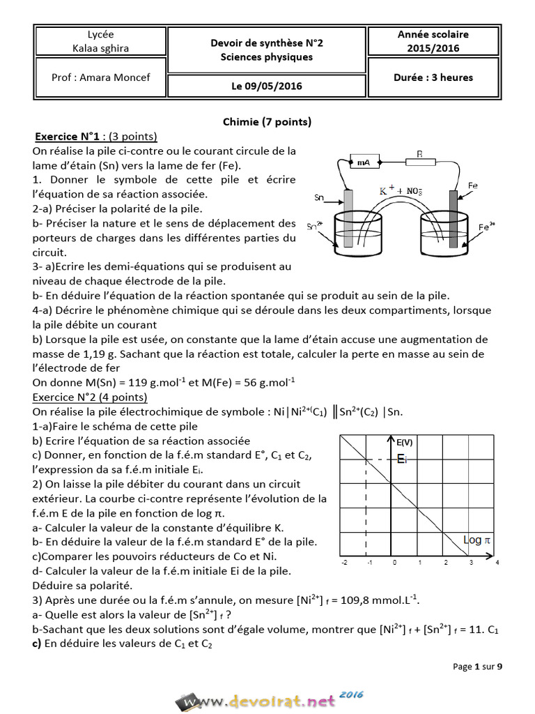 Devoir de Synthèse N°2 Avec Correction - Sciences Physiques - Bac Math (2015-2016) MR Amara ...