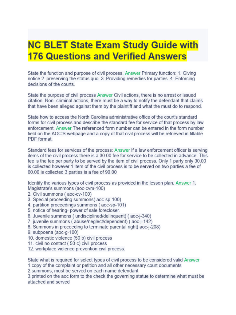 NC BLET State Exam Study Guide With 176 Questions and Verified Answers ...