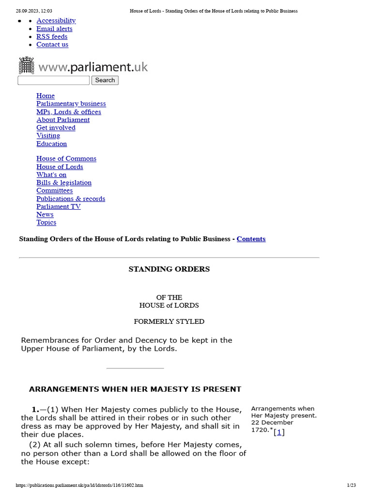 House of Lords - Standing Orders of The House of Lords Relating To Public Business | PDF