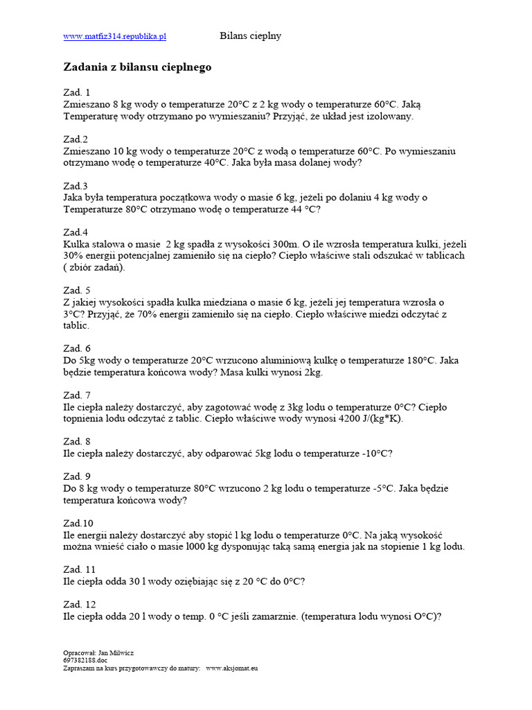 Bilans Cieplny - Zadania | PDF