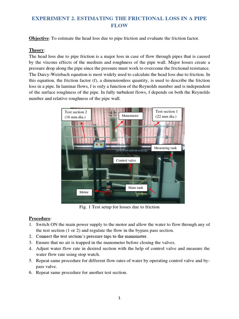 Experiment 2 - Estimating The Frictional Loss in A Pipe Flow | PDF | Fluid Dynamics | Chemical ...
