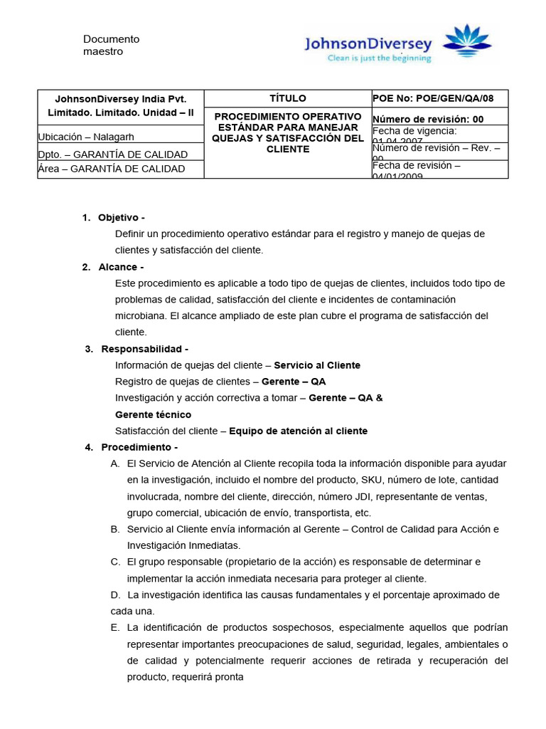 Reclamo Del Cliente SOP | PDF | Servicio al Cliente | Cliente