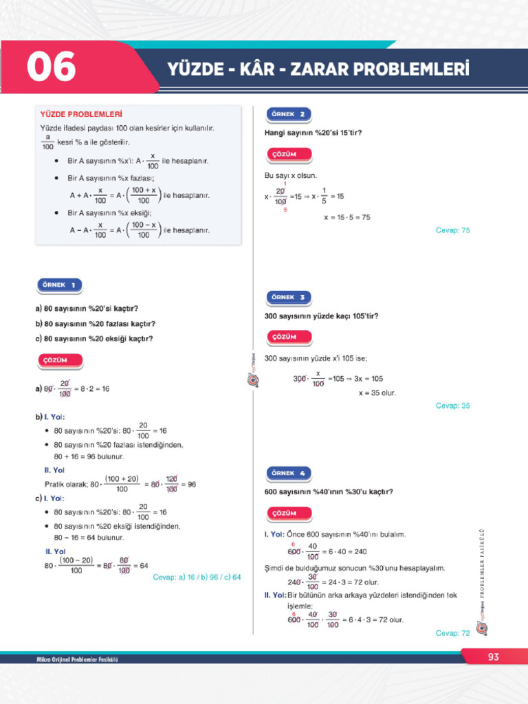 Yüzde - Kâr - Zarar Problemleri̇ 6.ders | PDF