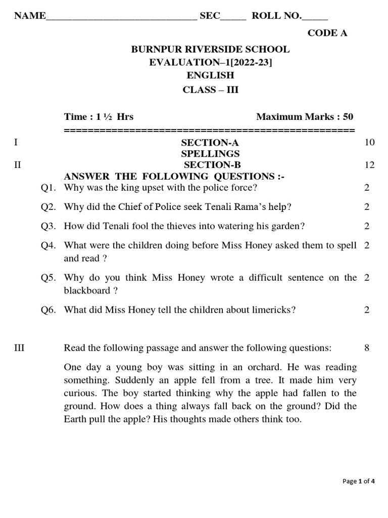 BRS CLASS3 EV-1 Previous Year Questions 2022-2023 | PDF | Syntactic Relationships | Linguistics