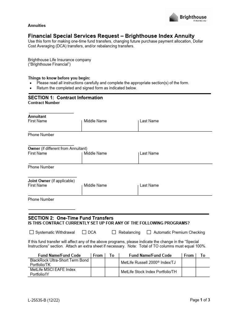 Financial Special Services Request - Brighthouse Index Annuity | PDF
