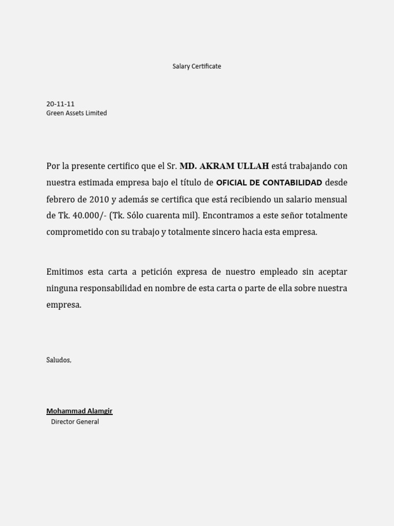 Plantilla de Certificado de Salario | PDF