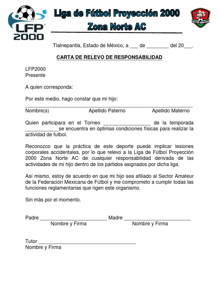carta responsiva jugadores (3) (1) | PDF | Asociación de Futbol | México
