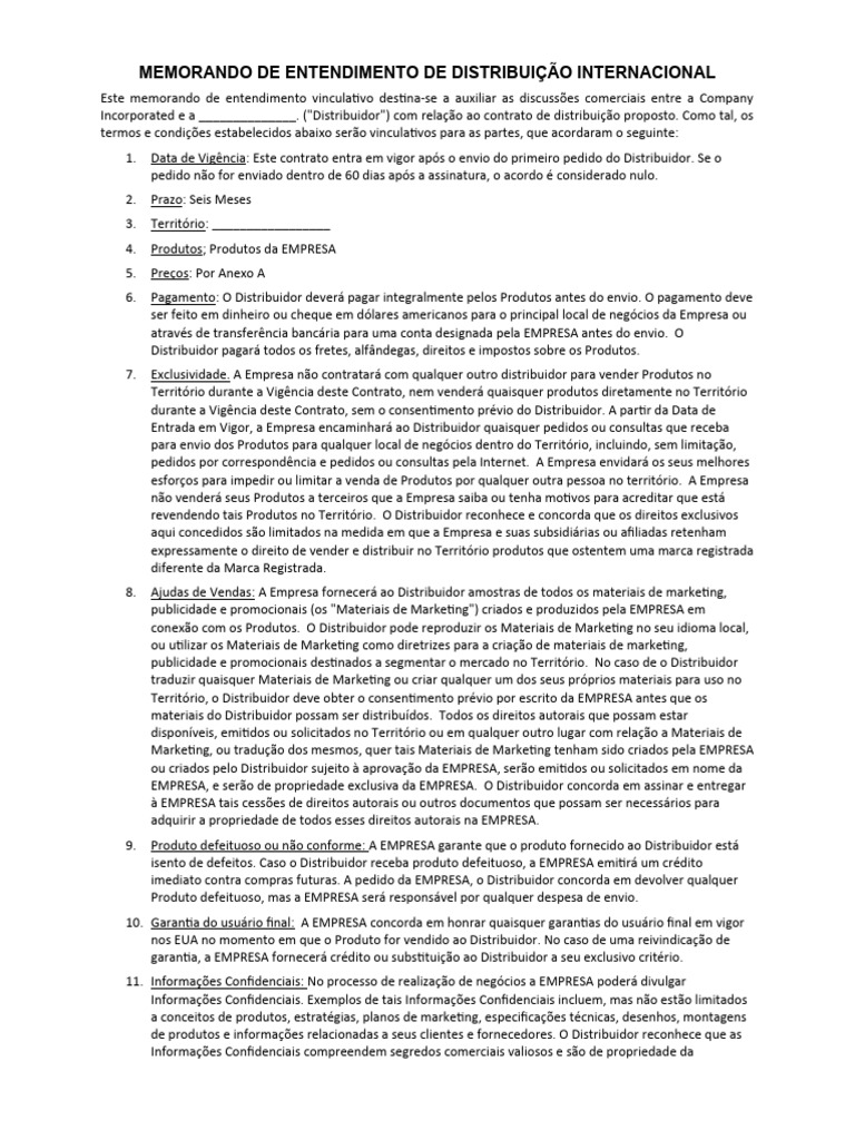 Memorando de Entendimento Do Distribuidor | PDF Memorando de Entendimento Do Distribuidor | PDF