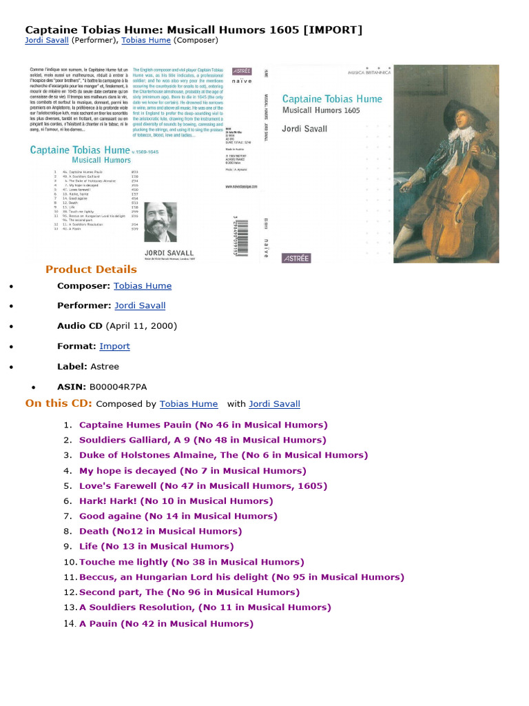Captain Tobias Hume. Musicall Humors | PDF